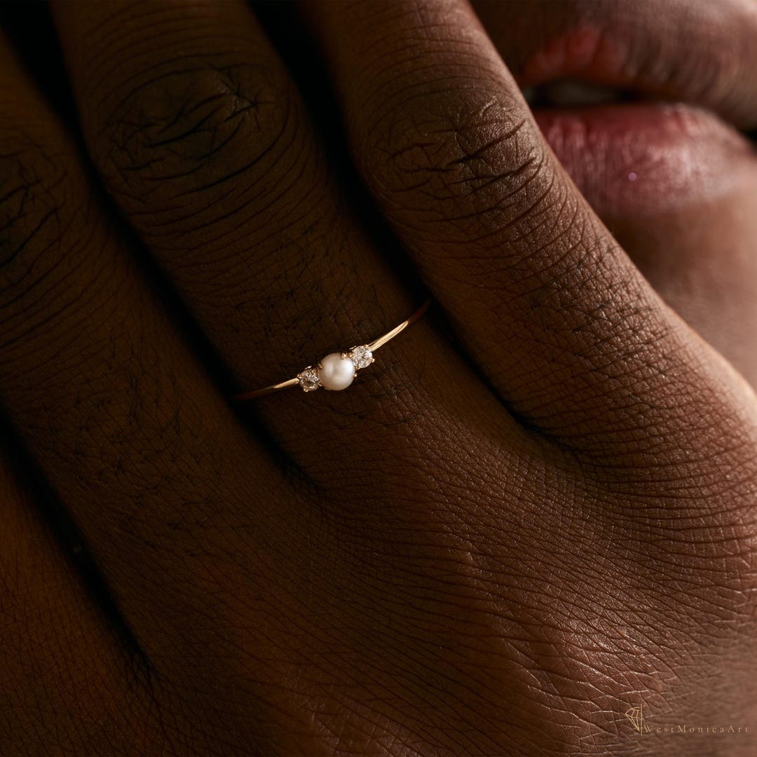 14K Solid Gold Diamond Pearl Ring, Real Pearl Ring, Dainty Statement ...