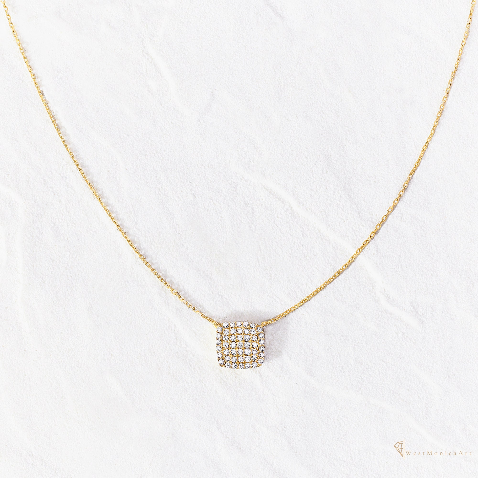 14K Solid Gold Pave Square Diamond Necklace, Square Diamond Pendent ...