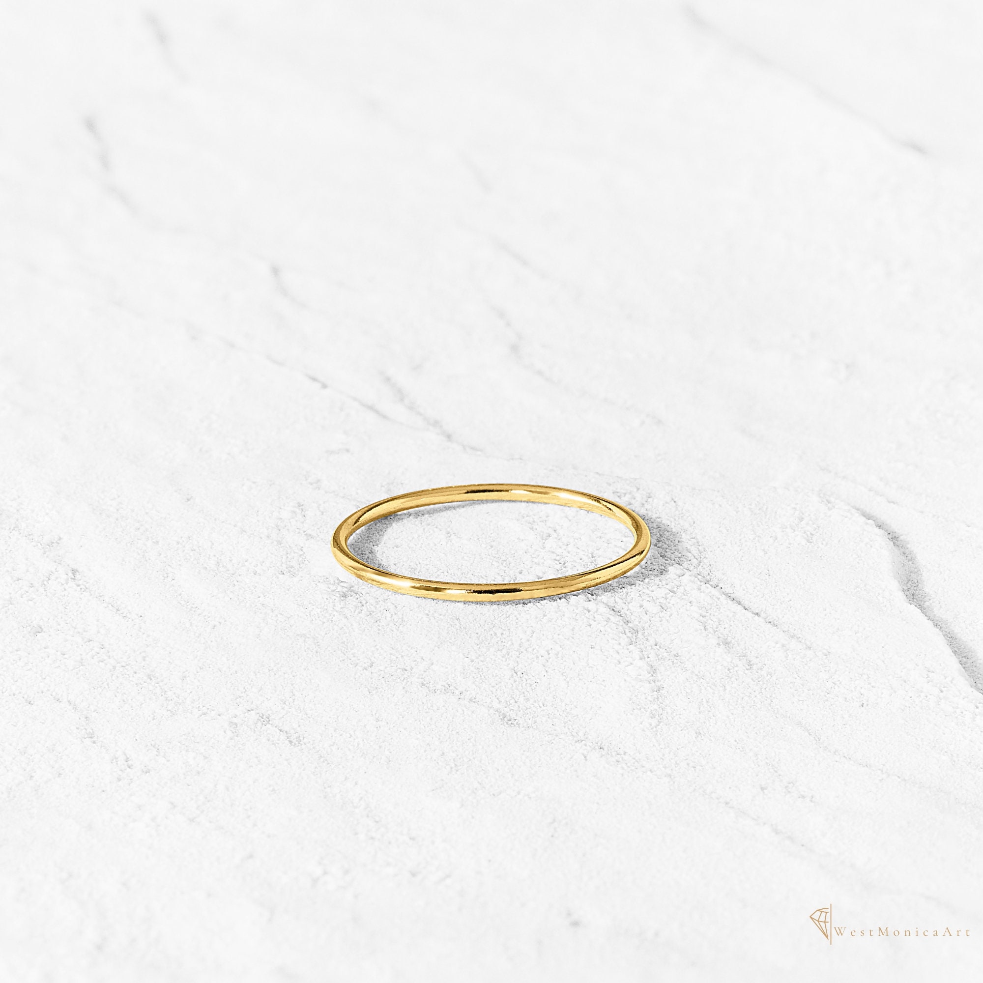 Minimalist 14K Solid Gold Ring, Tiny Band Ring, 1mm Gold Ring, Dainty ...