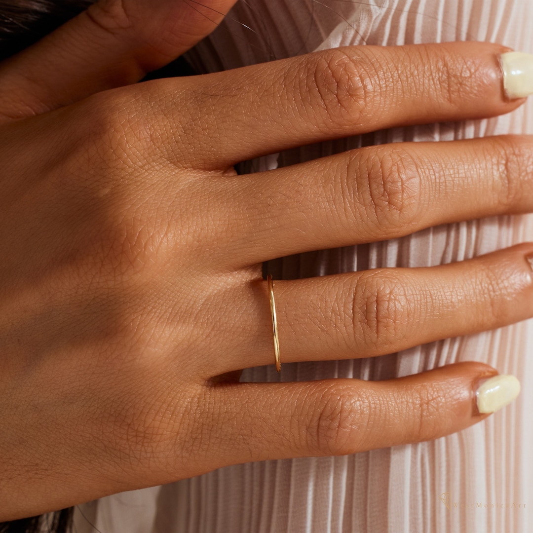 Minimalist 14K Solid Gold Ring, Tiny Band Ring, 1mm Gold Ring, Dainty Stackable Ring, Gift for ...