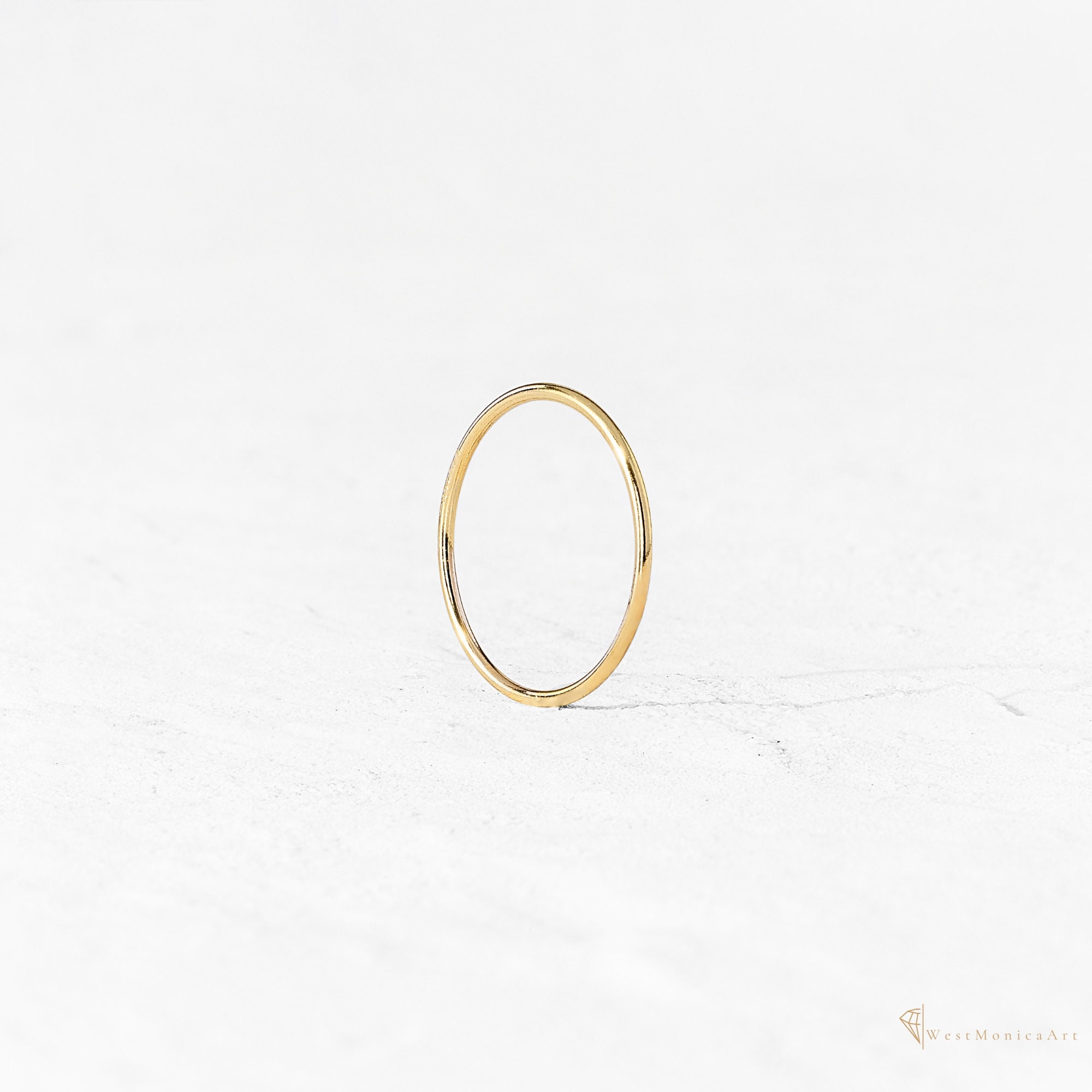 Minimalist 14K Solid Gold Ring, Tiny Band Ring, 1mm Gold Ring, Dainty ...