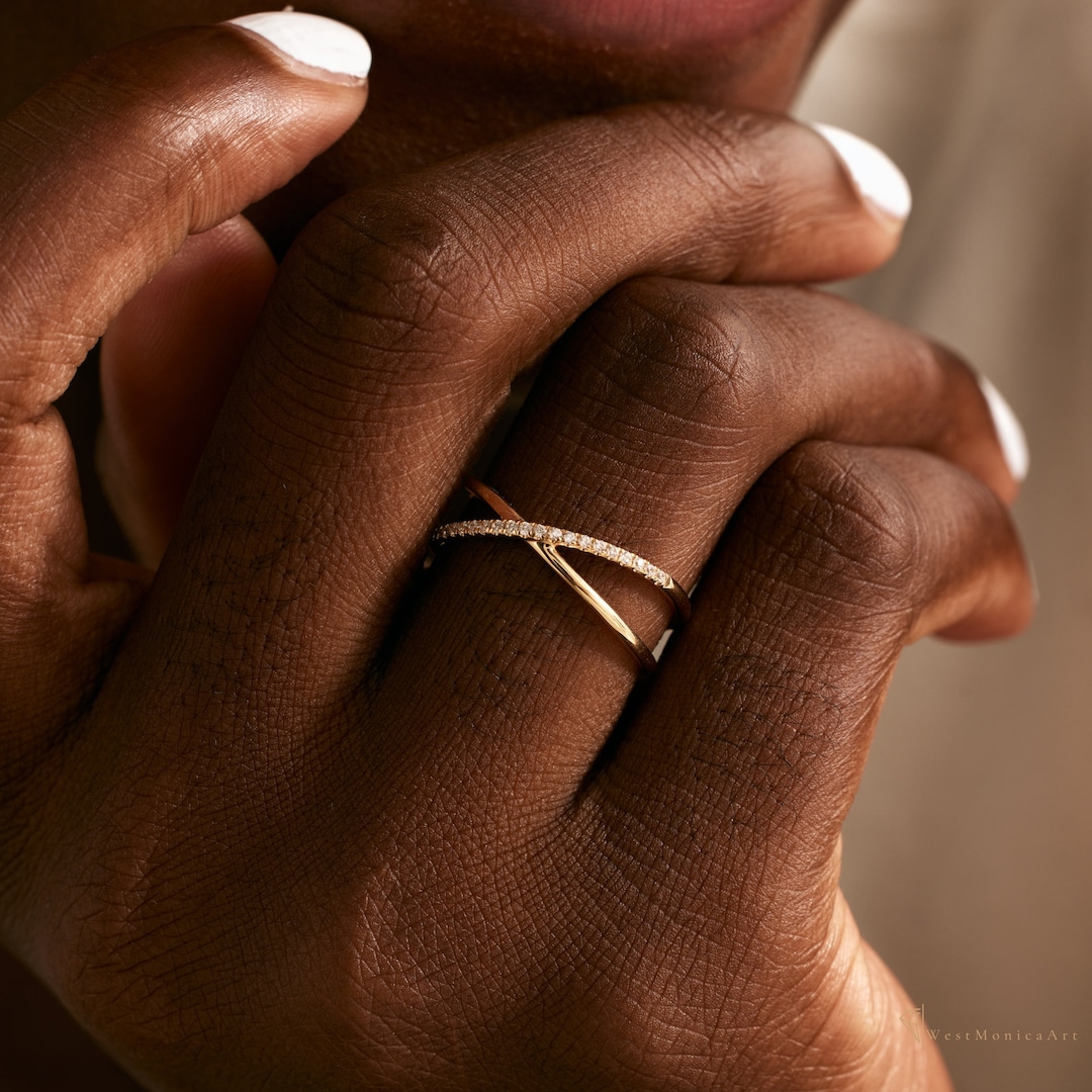 14K Solid Gold Pave X Ring, Diamond Cross Ring, Minimalist Real Diamond ...