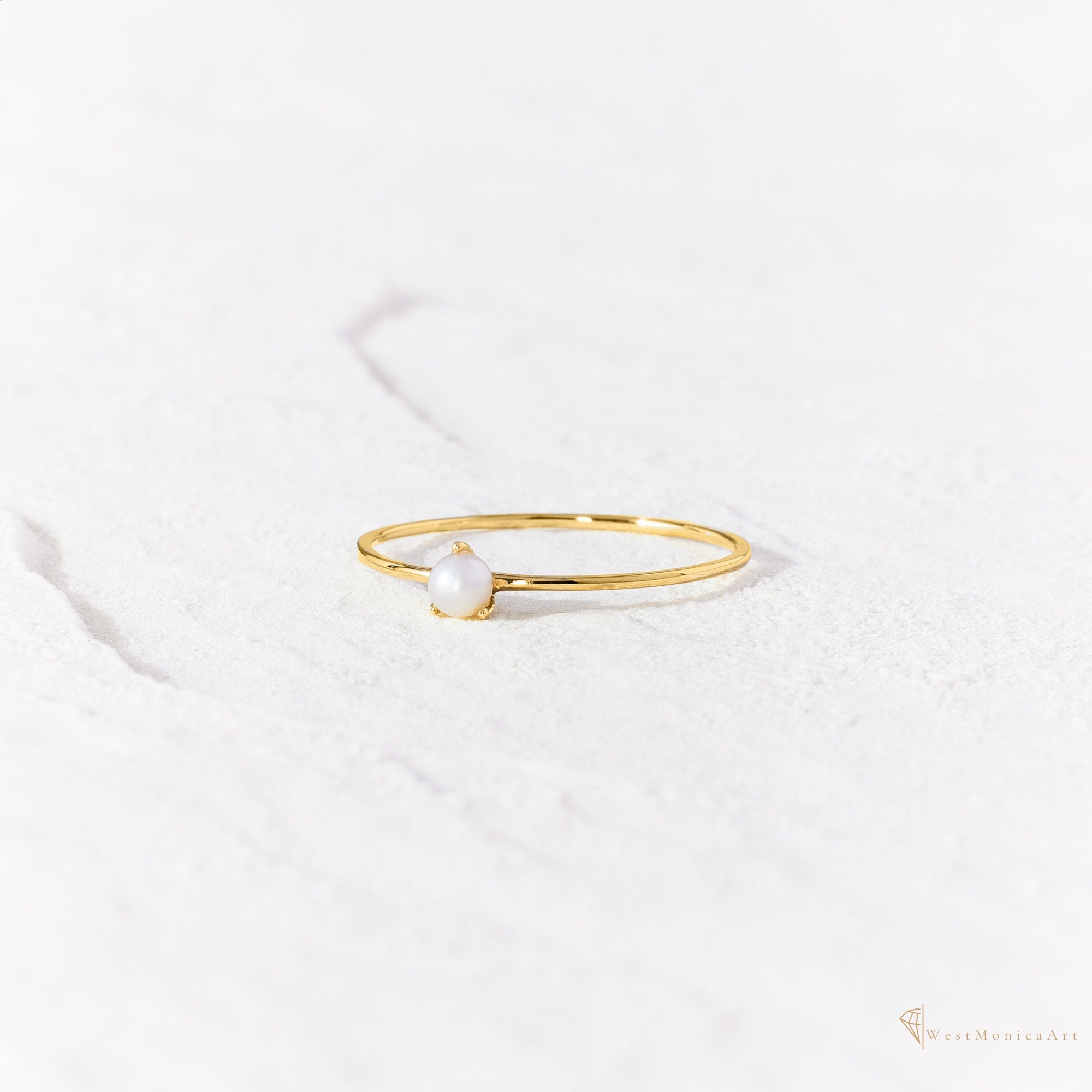 14K Solid Gold Pearl Ring, Minimalist Freshwater Pearl Ring, Tiny Pearl Statement Ring, Bridal ...
