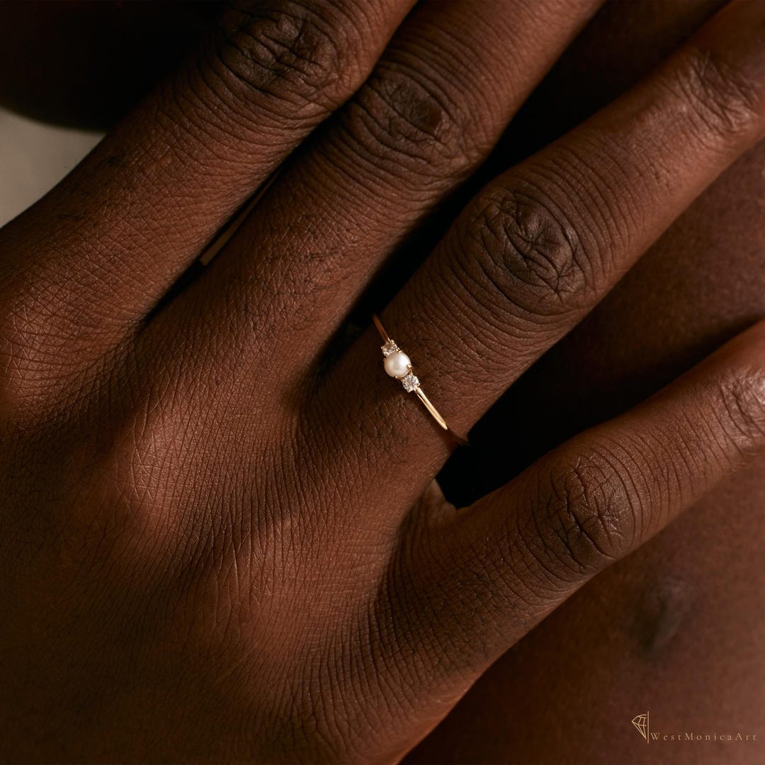 14K Solid Gold Diamond Pearl Ring, Real Pearl Ring, Dainty Statement ...