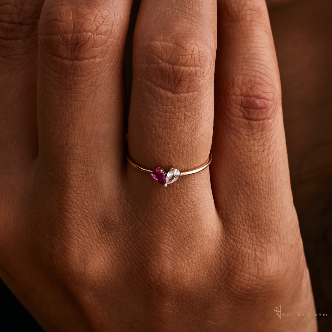 Personalized 14K Solid Gold Birthstone Ring, Custom Heart Ring ...