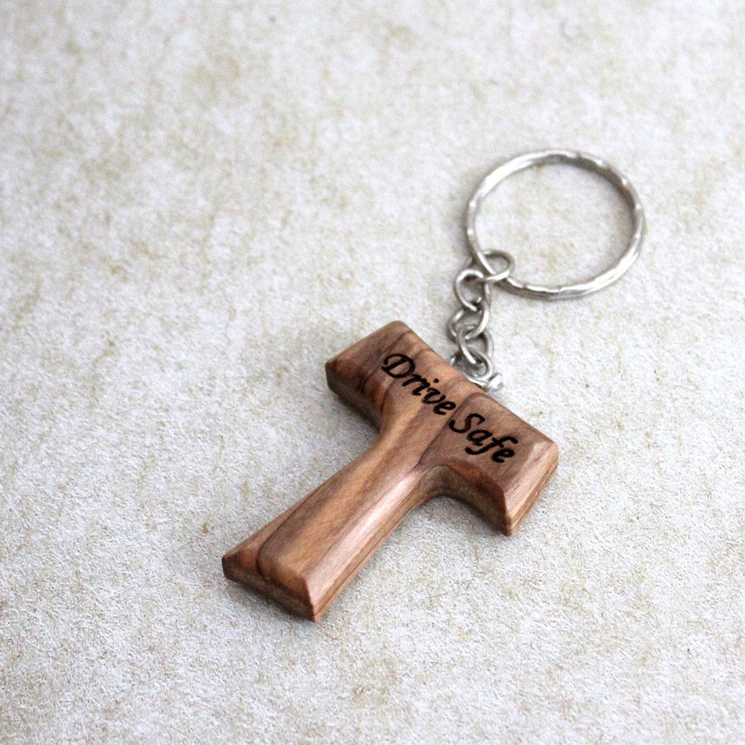 Personalized Handmade Tau Cross Keychain, Olive Wood Christian Keychain ...