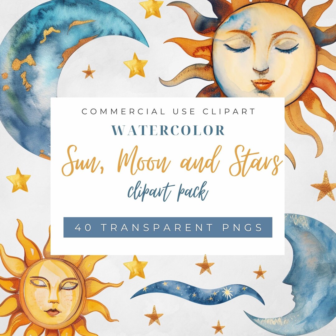Sun, Moon and Stars Watercolor Style Clipart, Large Clipart Pack, 40 ...
