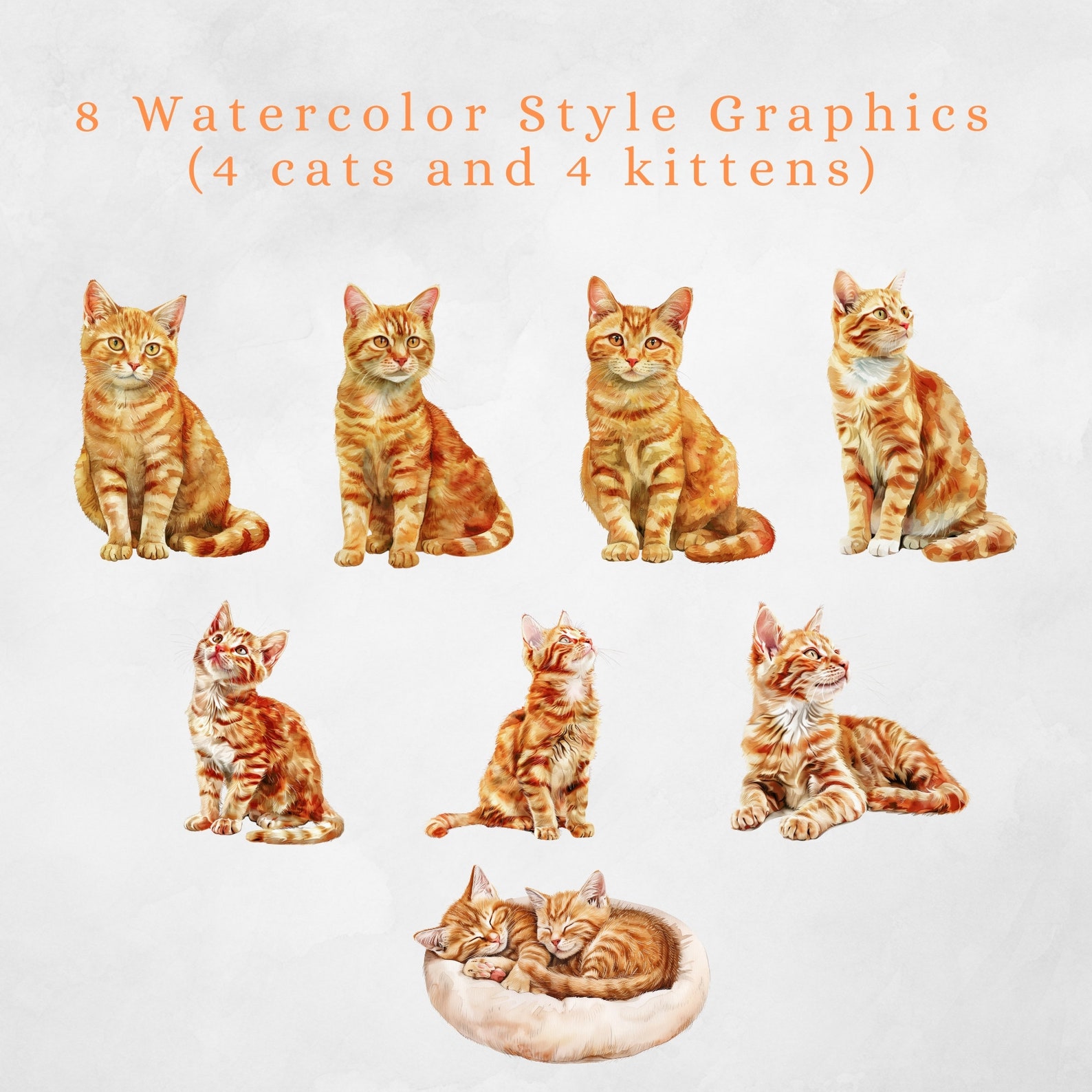 Ginger Tabby Cats and Kittens Clip Art Pack | Watercolor Style Cute ...