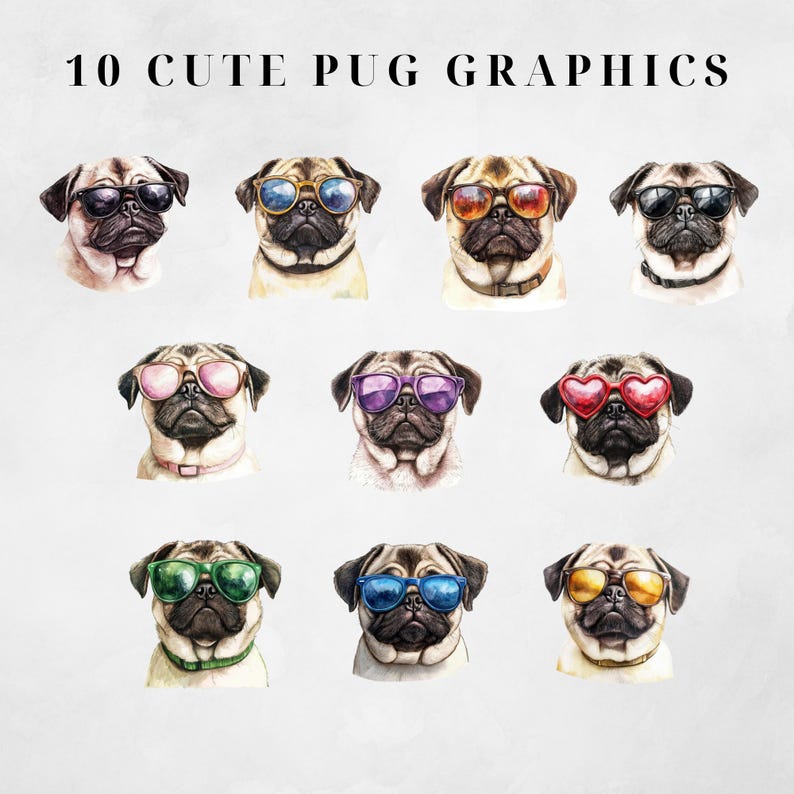 Cool Pugs | Cute Pug Dog Clipart Pack | Pug Dogs Wearing Sunglasses ...