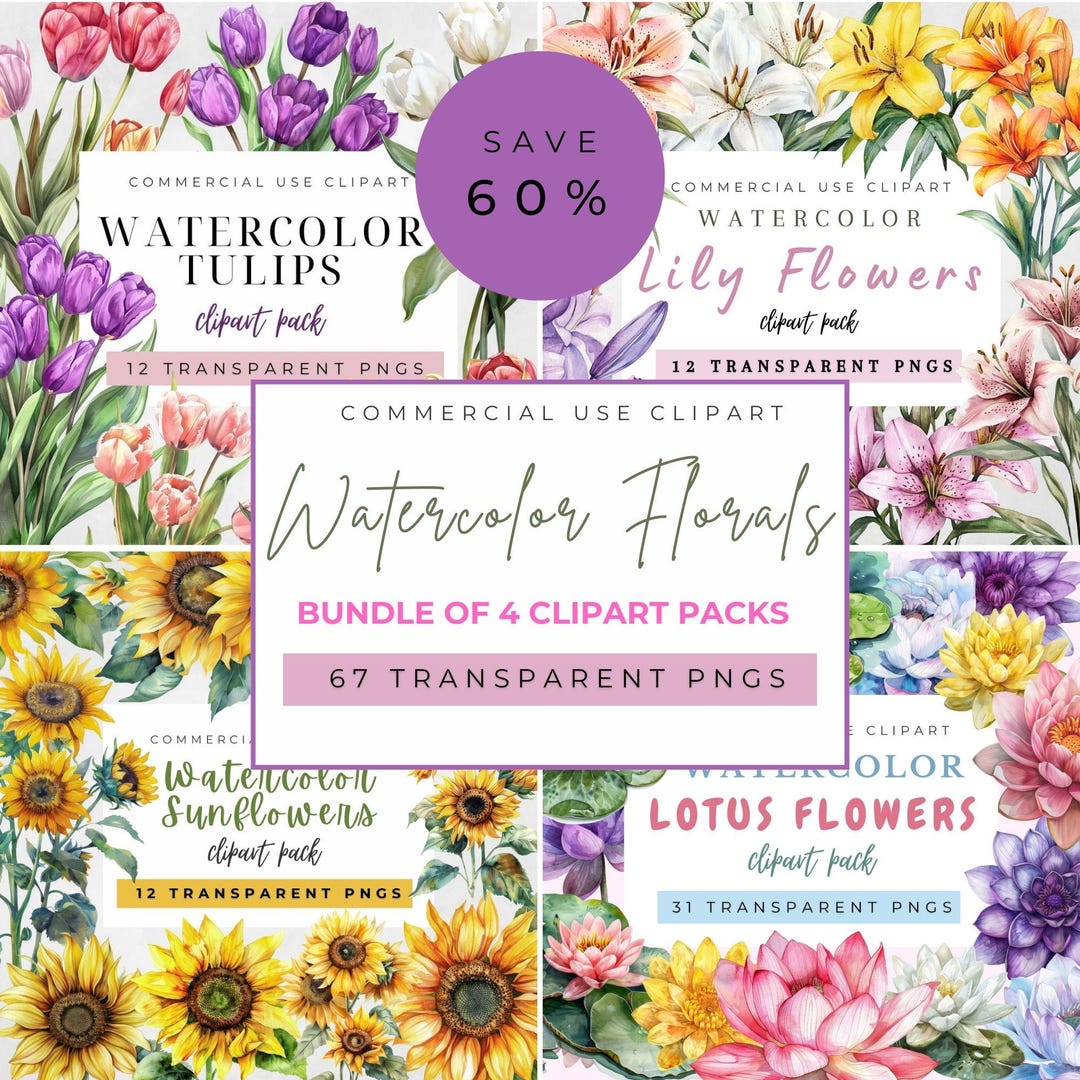 Watercolor Flower Clipart Bundle: Sunflowers, Tulips, Lotus, Lilies ...