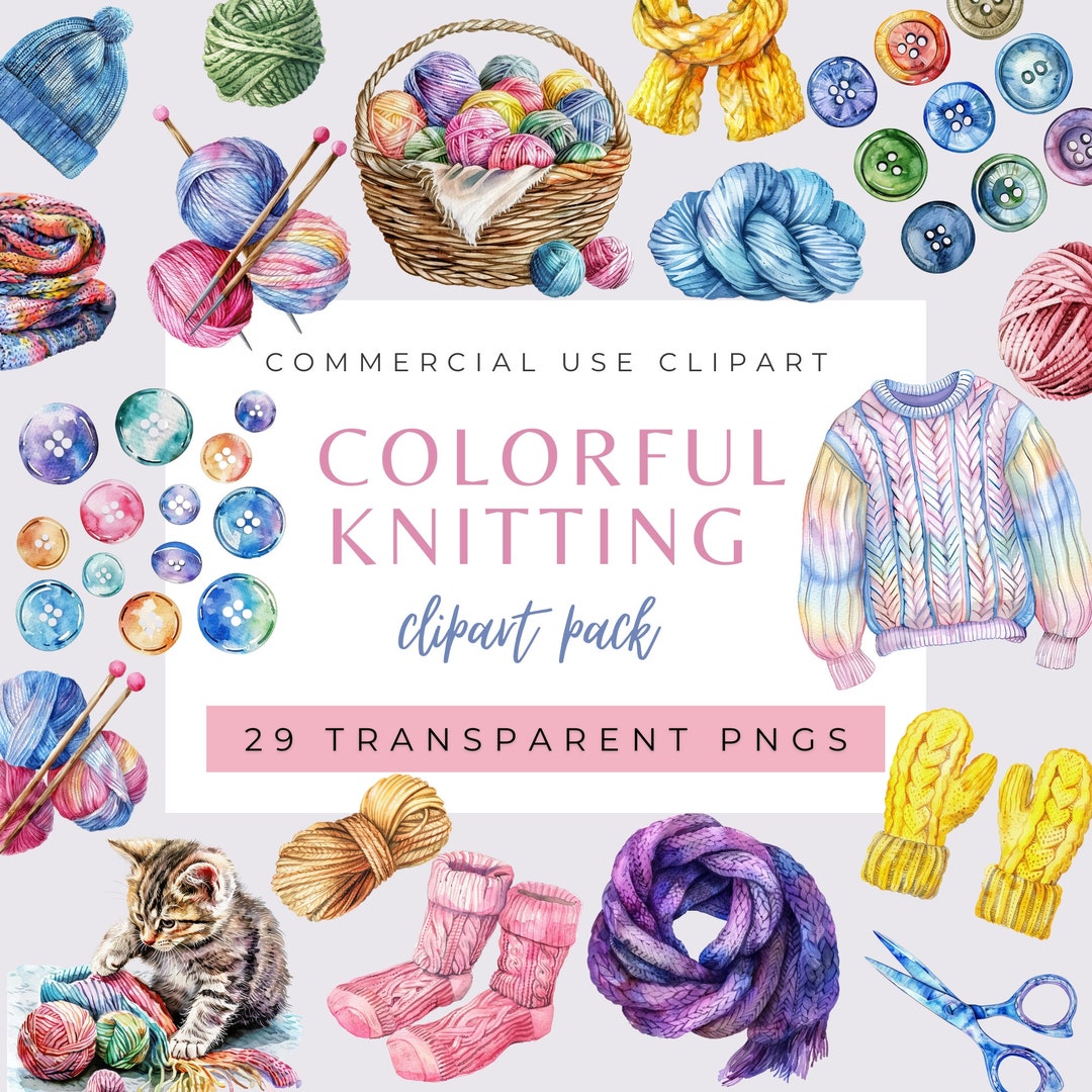 Colorful Knitting Themed Clipart Pack, Pack of 29 PNG Transparent ...