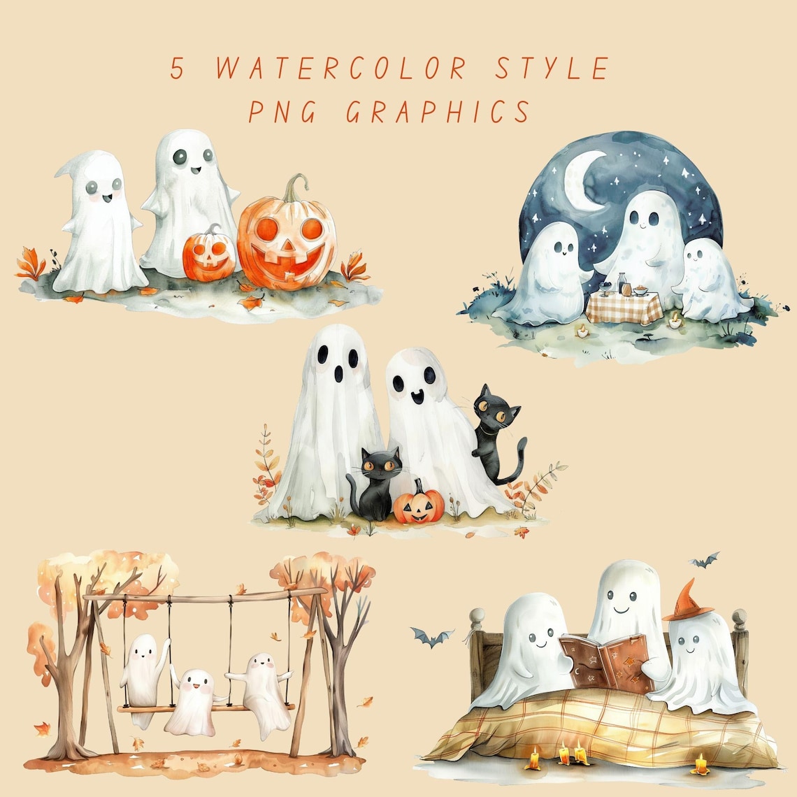 Cute Halloween Ghost Clipart Pack, Transparent PNG Graphics for Digital ...