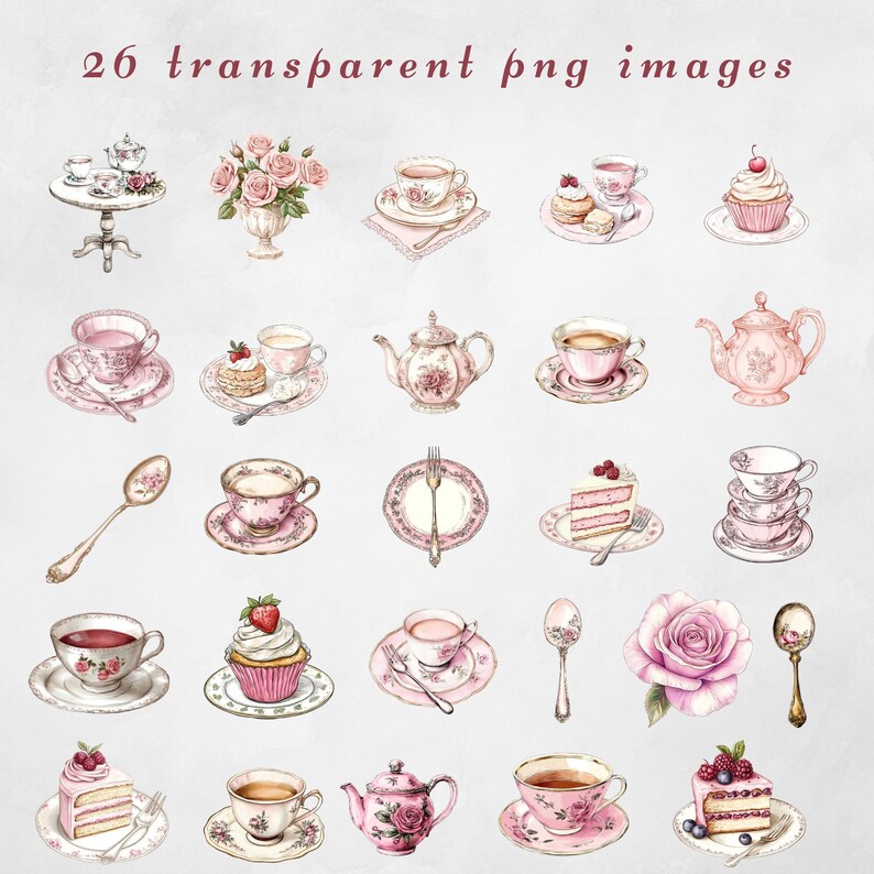 Rose Pink Victorian Tea Party Clipart: Watercolor PNG Graphics - Etsy