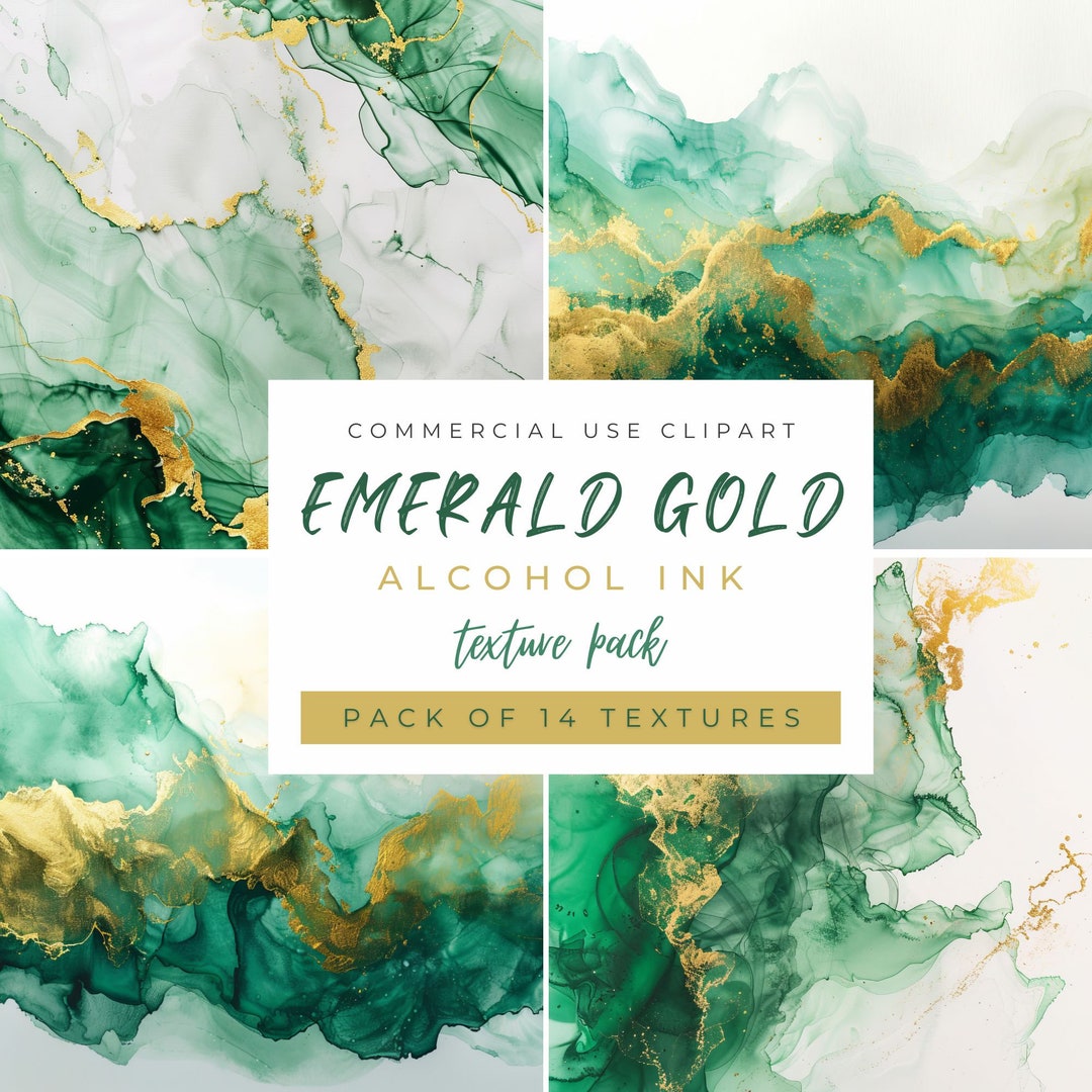 Emerald Gold Alcohol Ink Textures, Green & Gold JPG Background, Liquid ...
