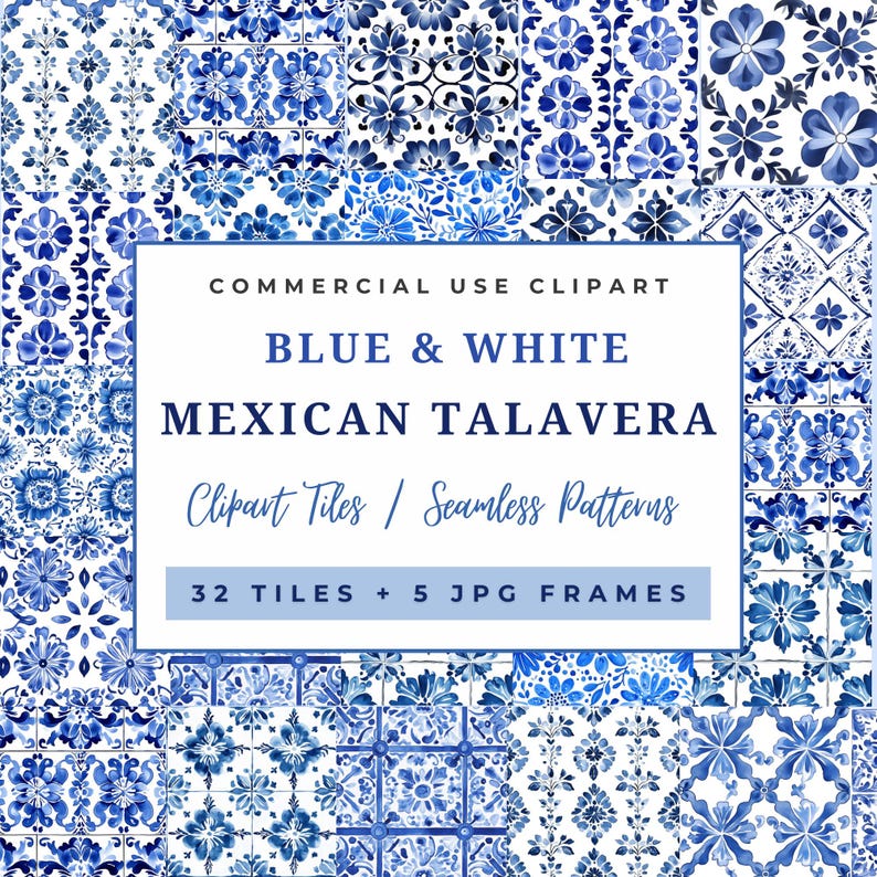 Mexican Talavera Tile Clipart & Seamless Patterns | Blue and White ...