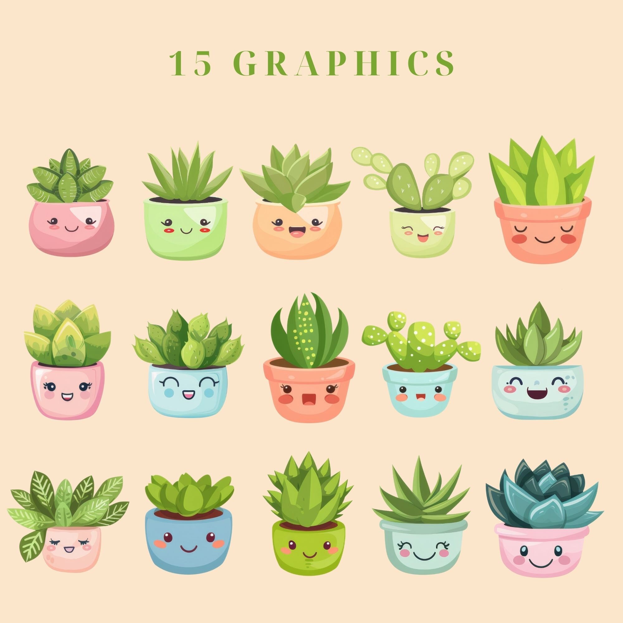 Happy Succulents Clipart Pack, Cute Pot Plants Clipart, Kawaii Pot ...