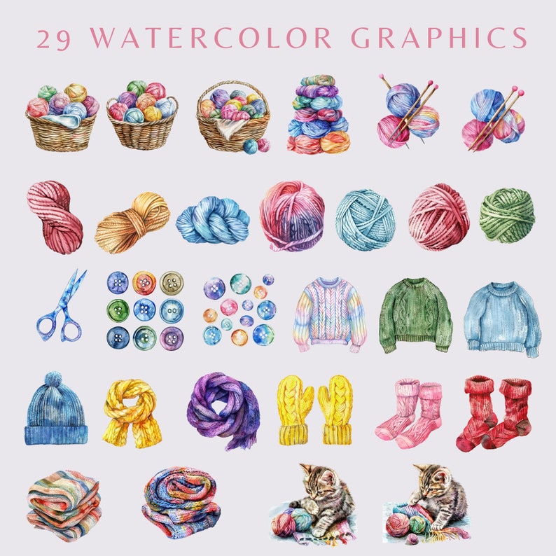 Colorful Knitting Themed Clipart Pack, Pack of 29 PNG Transparent ...