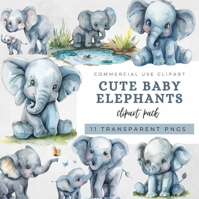 Cute Baby Elephant Clipart Pack 11 Transparent PNGS Plus BONUS ...