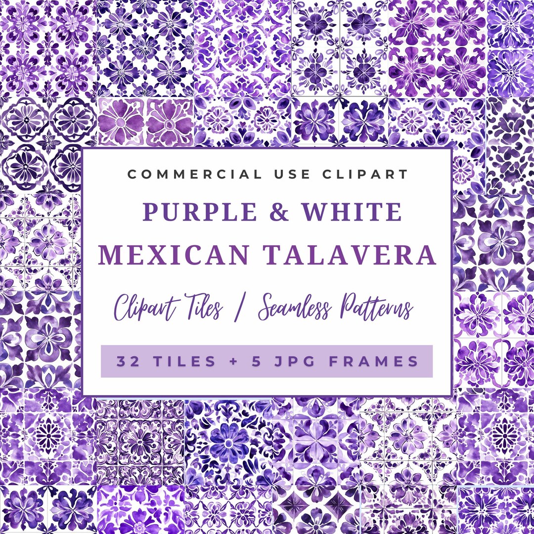 Mexican Talavera Tile Clipart & Seamless Patterns | Purple and White ...