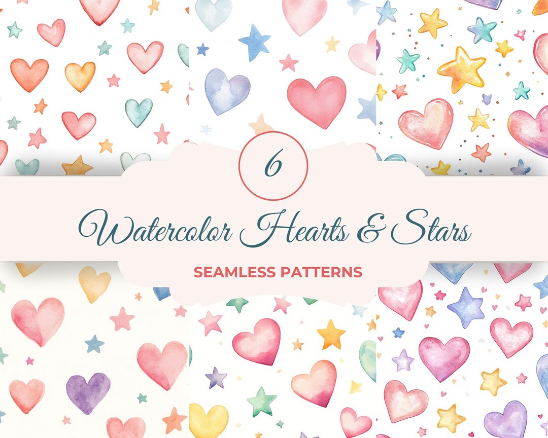 Watercolor Hearts & Stars Seamless Patterns: Pastel Digital Paper (300 ...