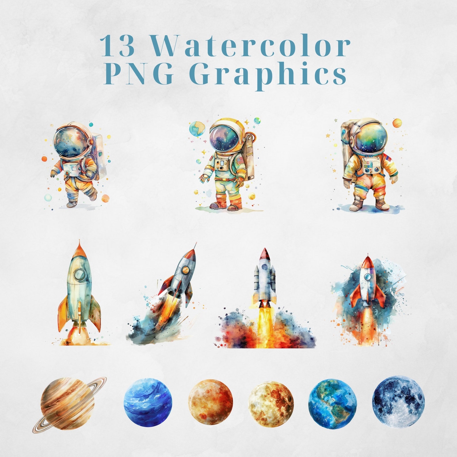 Watercolor Space Clipart Pack | 13 Transparent PNG Graphics of Spaceman ...