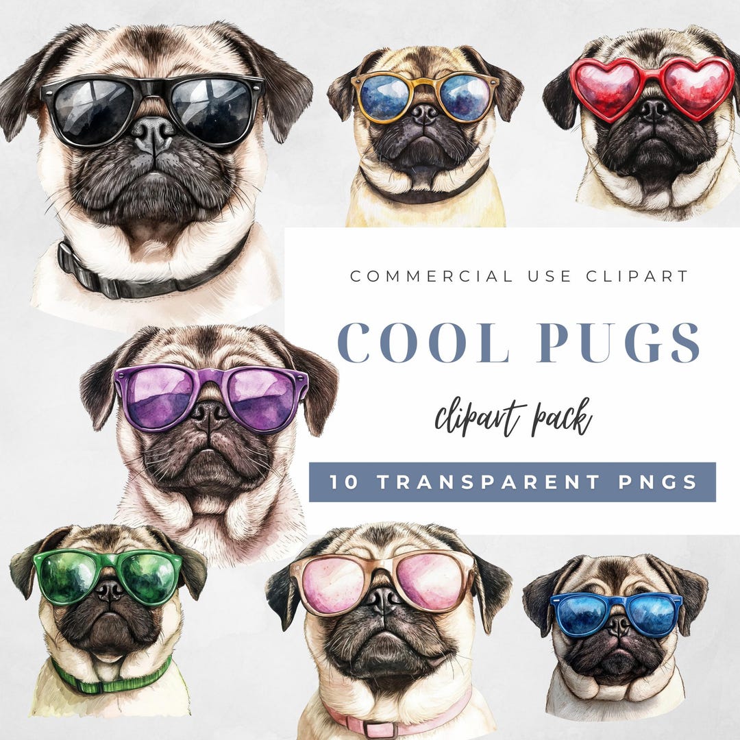 Cool Pugs | Cute Pug Dog Clipart Pack | Pug Dogs Wearing Sunglasses ...