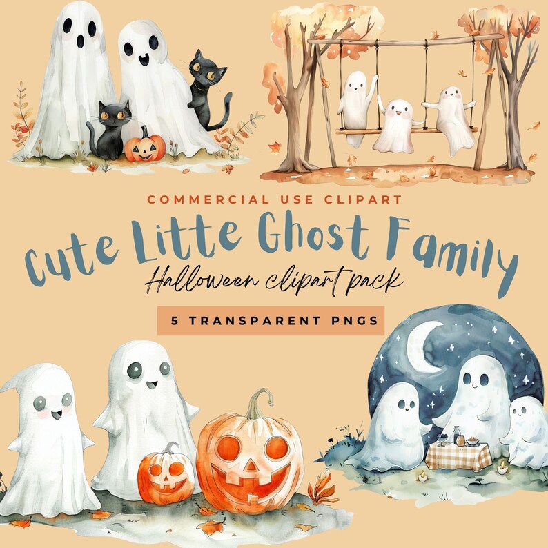 Cute Halloween Ghost Clipart Pack, Transparent PNG Graphics for Digital ...