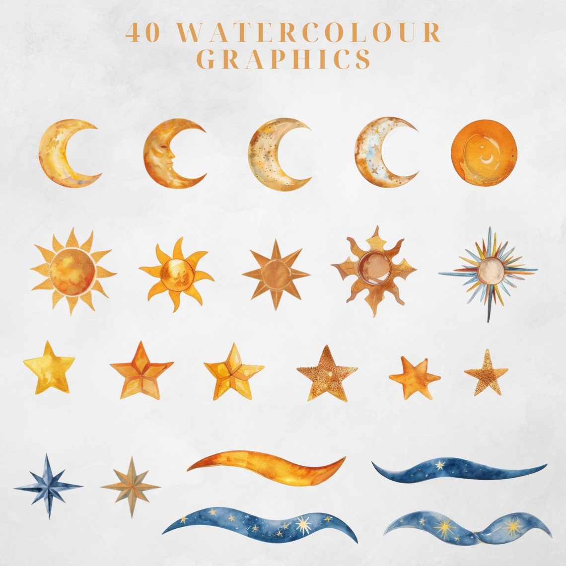 Sun, Moon and Stars Watercolor Style Clipart, Large Clipart Pack, 40 ...