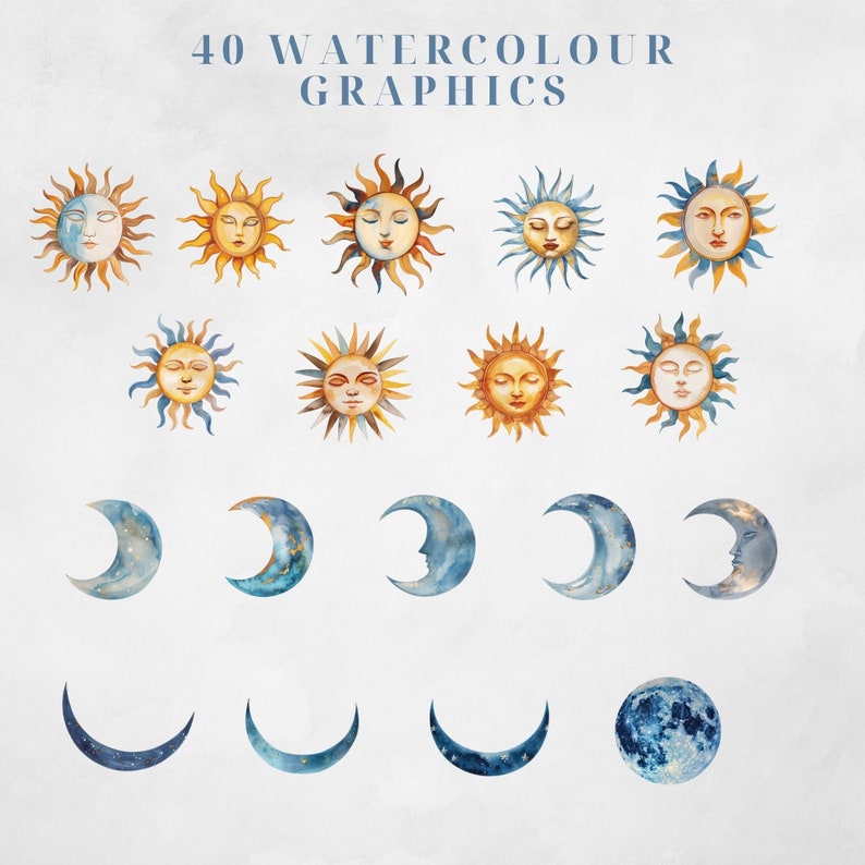 Sun, Moon and Stars Watercolor Style Clipart, Large Clipart Pack, 40 ...