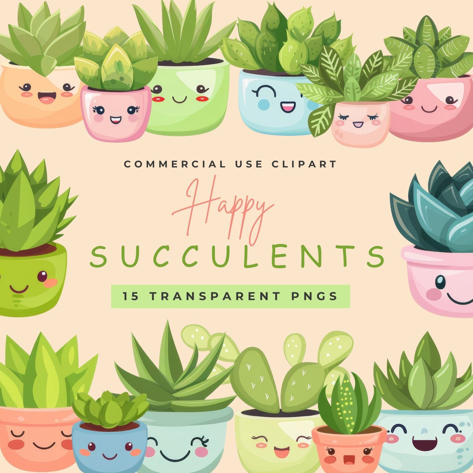 Happy Succulents Clipart Pack, Cute Pot Plants Clipart, Kawaii Pot ...