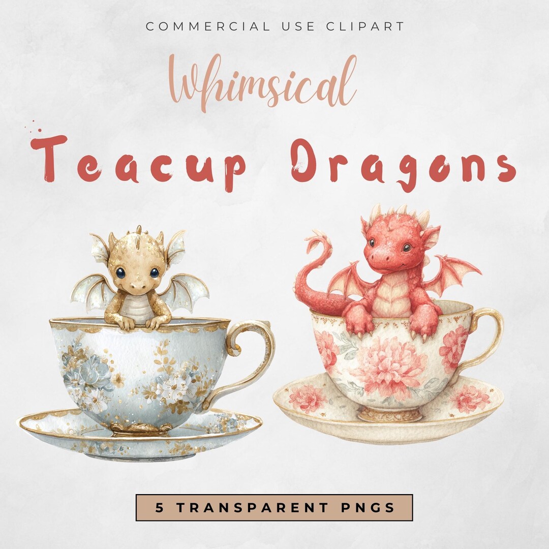 Teacup Dragons Clipart: Watercolor Fantasy PNG Graphics (digital ...