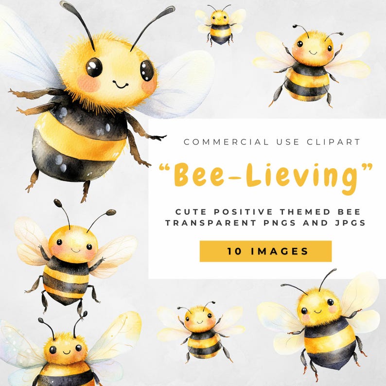 Watercolor Bee Clipart: Positive Honey Bee Pngs & Jpgs (commercial Use ...