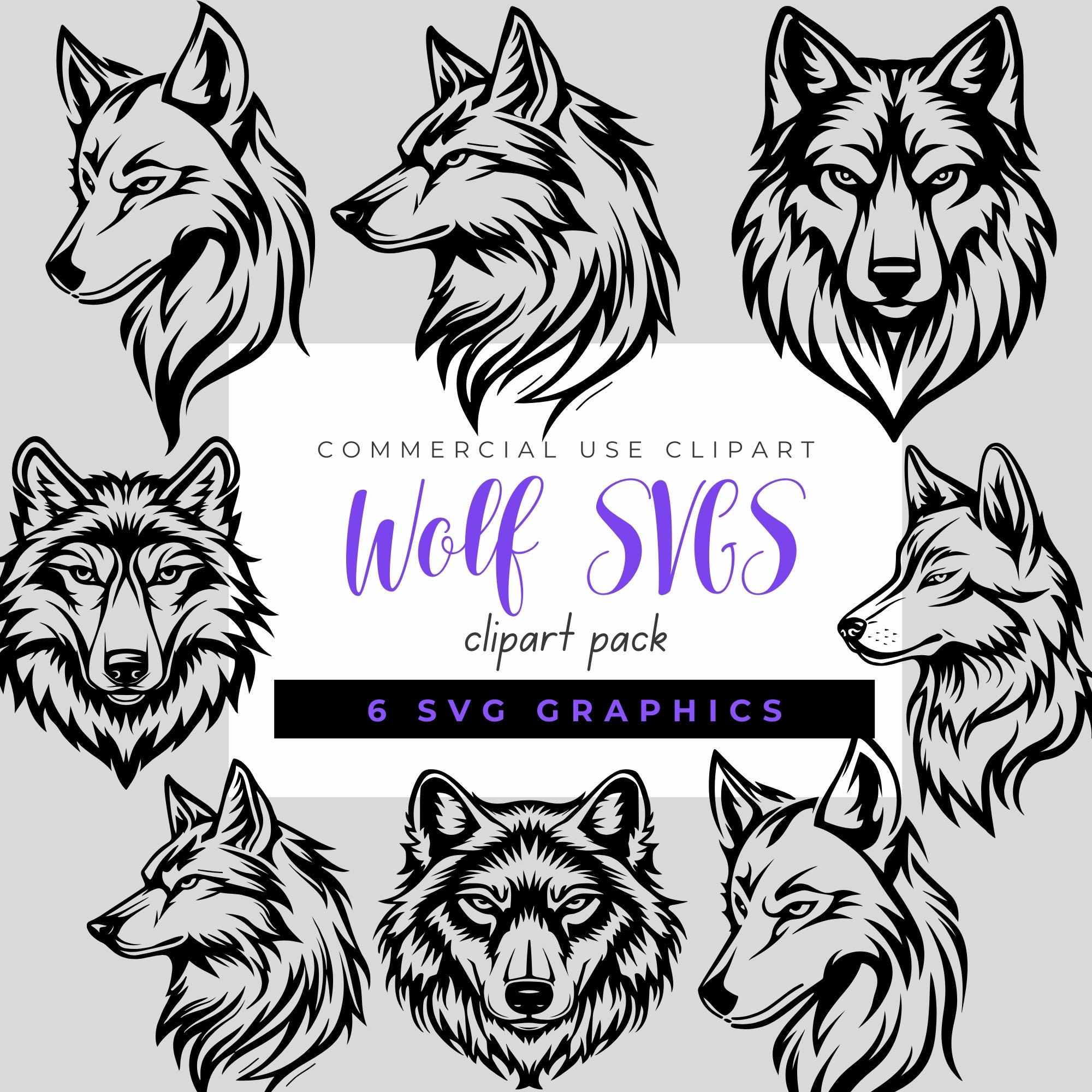 Wolf Svgs Clipart Pack, Pack of 6 SVG Graphics, Wolf Silhouettes ...