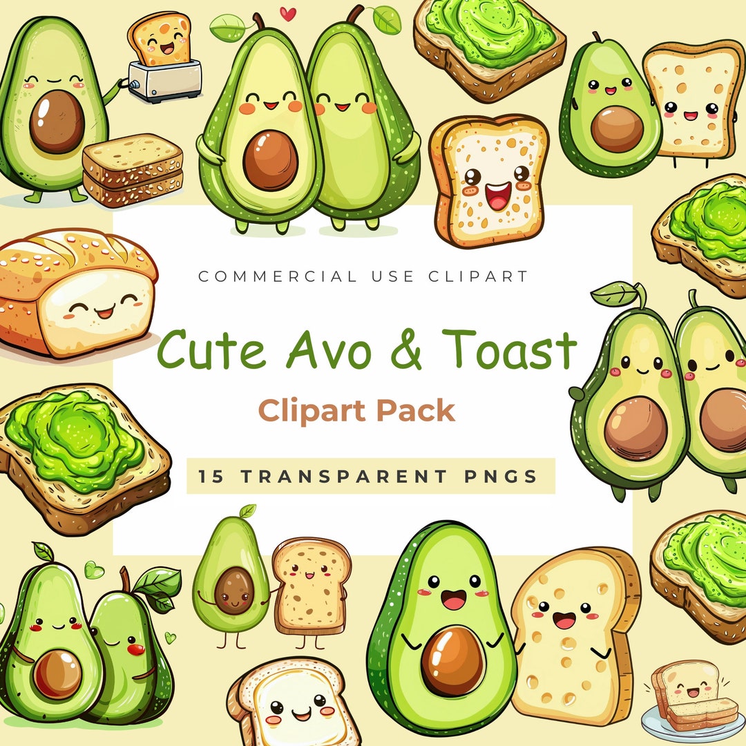 Cute Avocado and Toast Clipart Pack, Bundle of 15 High Quality 300DPI ...