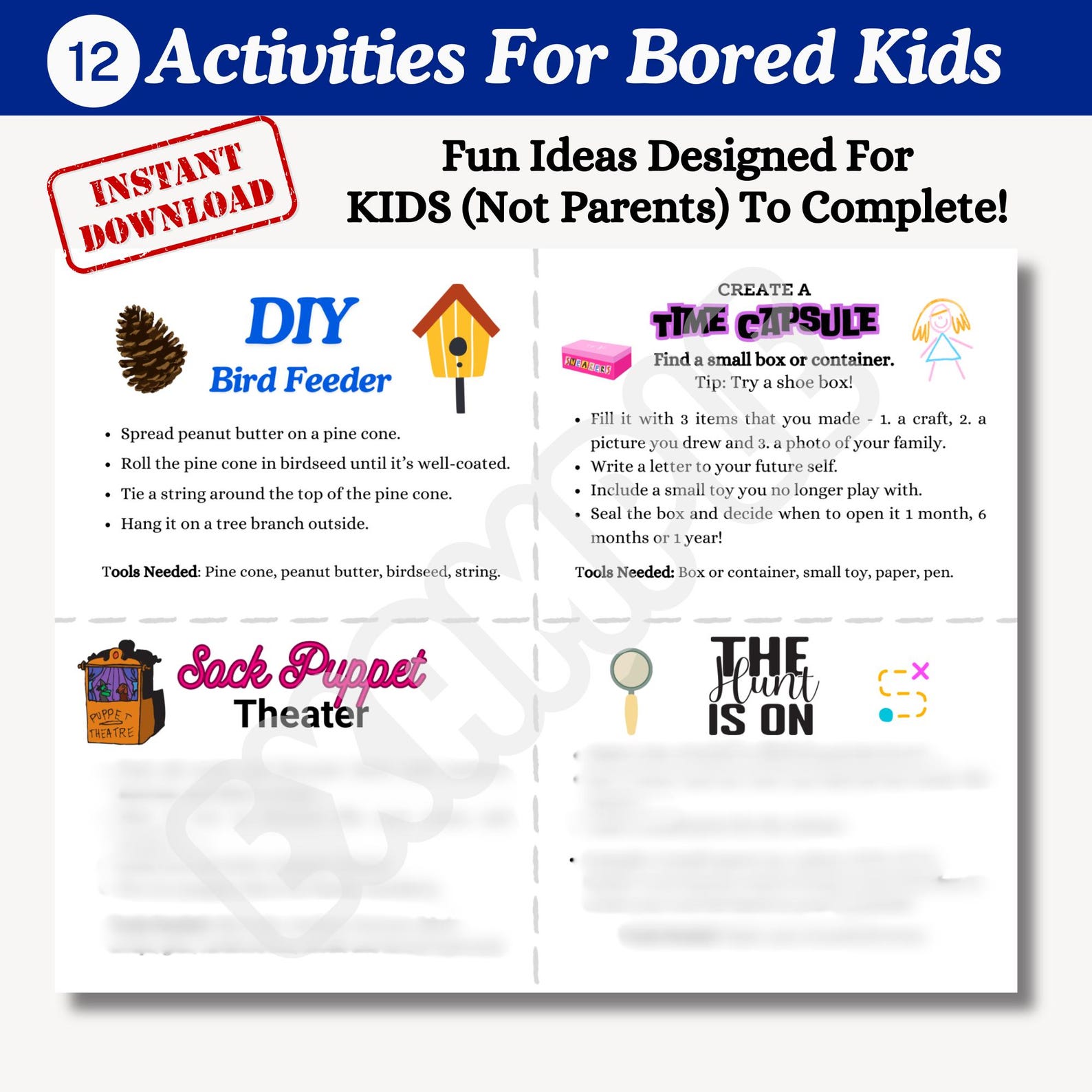 Summer Kids Activity Cards: 12 Printable Boredom Busters (digital ...