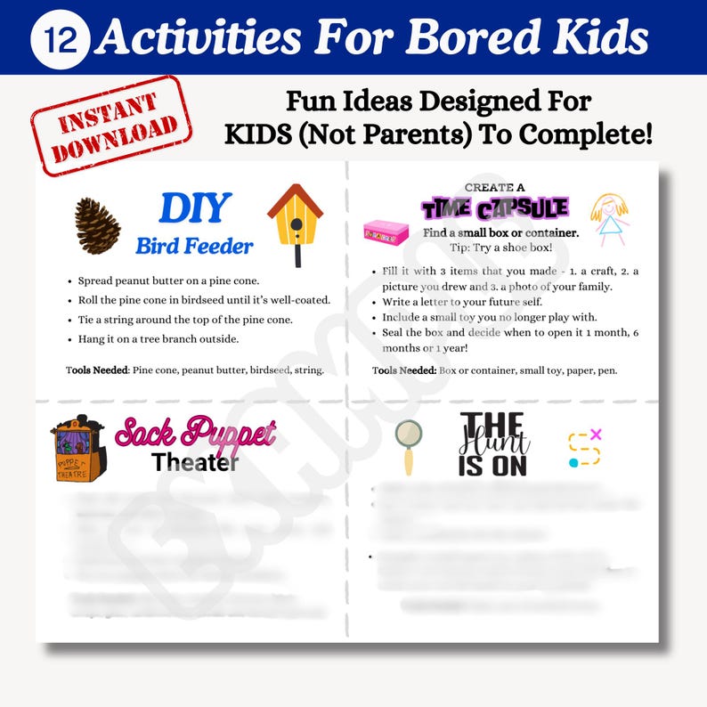 Summer Kids Activity Cards: 12 Printable Boredom Busters (digital ...