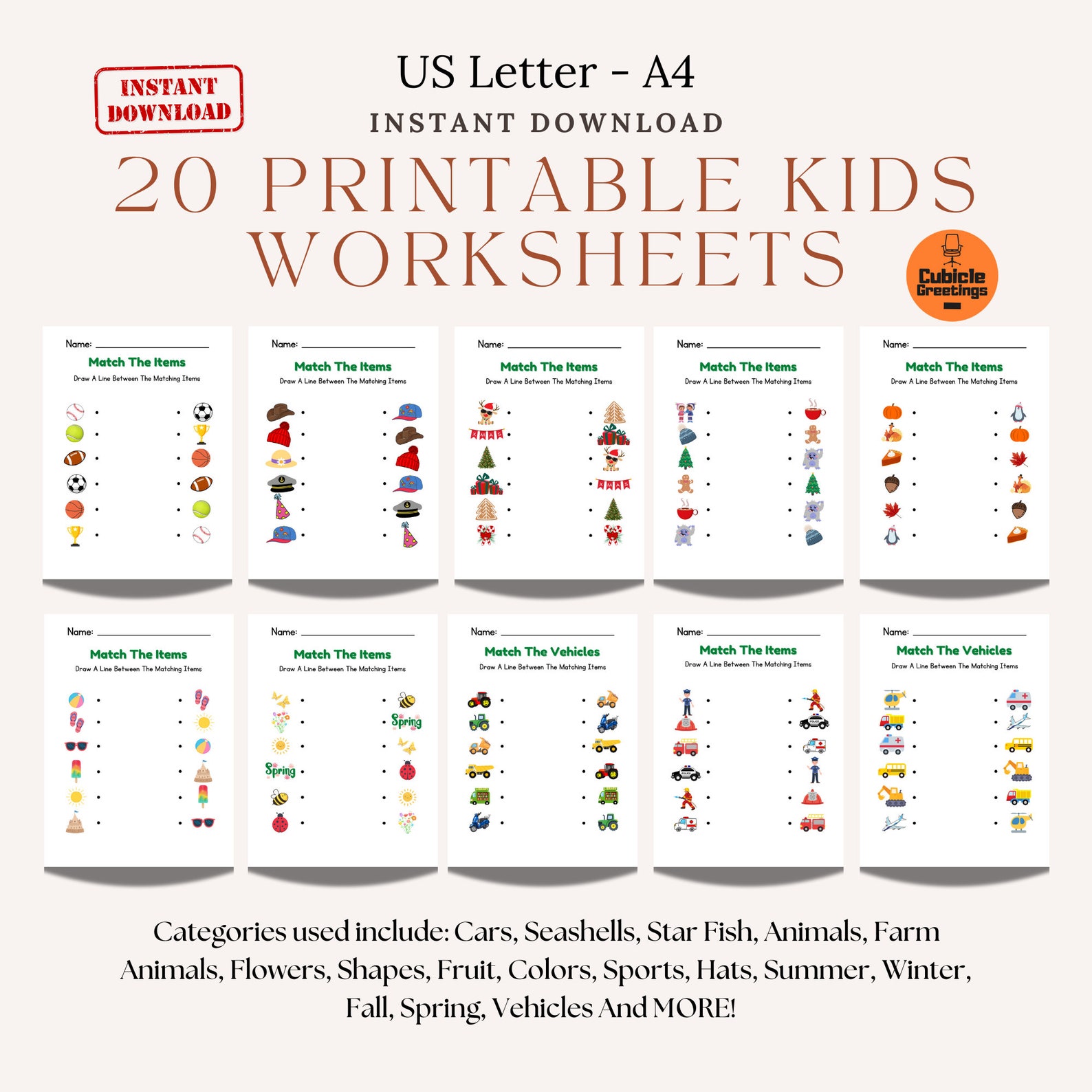 Printable Matching Worksheets for Kids Picture Match Kindergarten ...