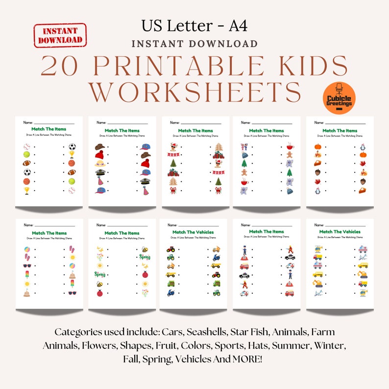 Printable Matching Worksheets for Kids Picture Match Kindergarten ...