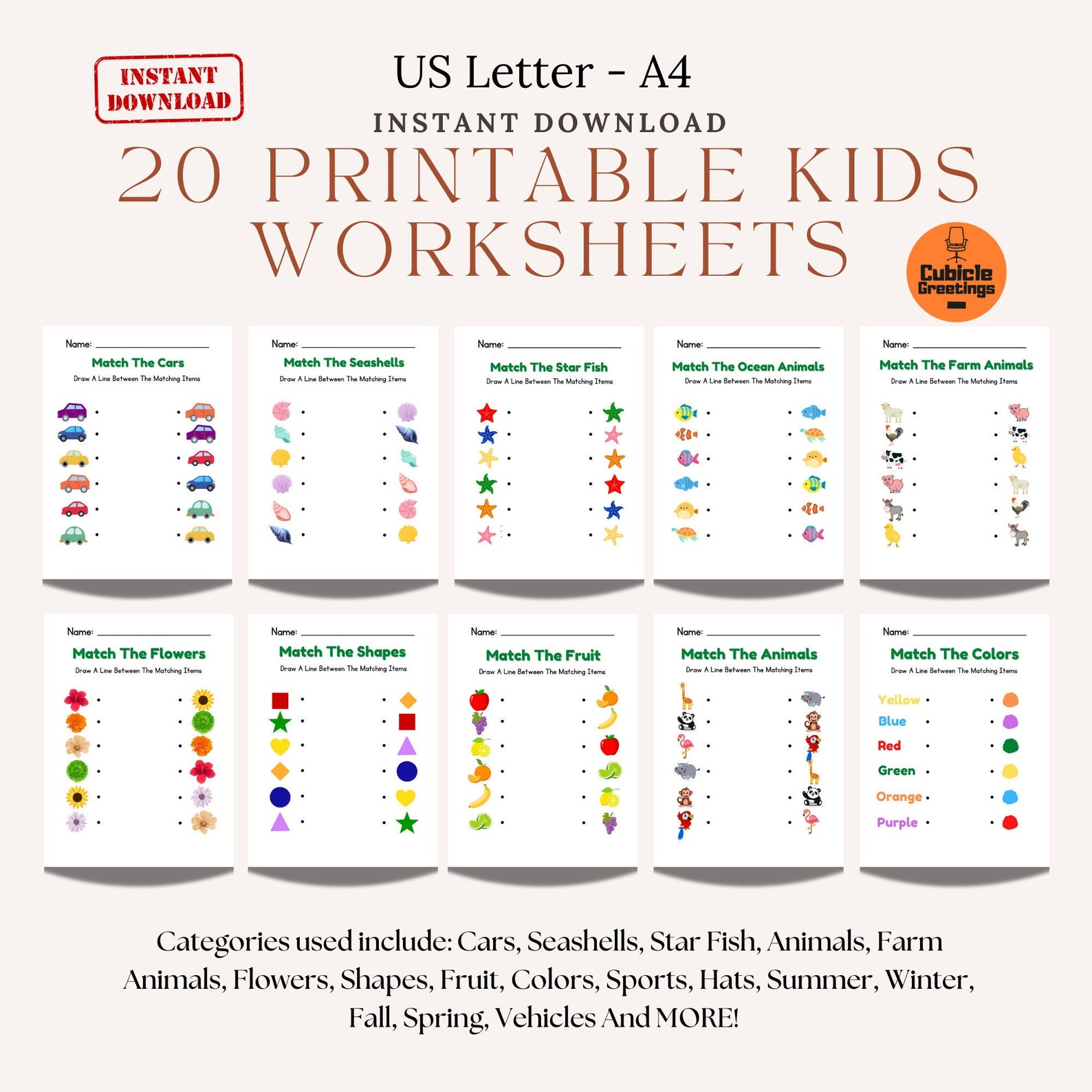Printable Matching Worksheets for Kids Picture Match Kindergarten ...