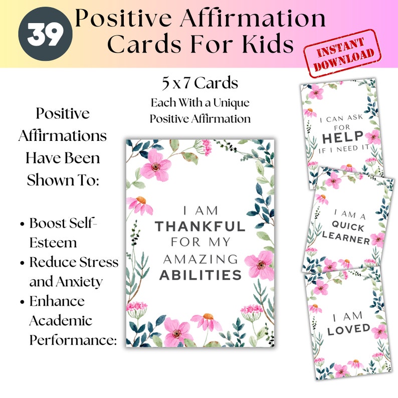 Printable Positive Affirmation Cards for Kids Therapy Office Mental ...