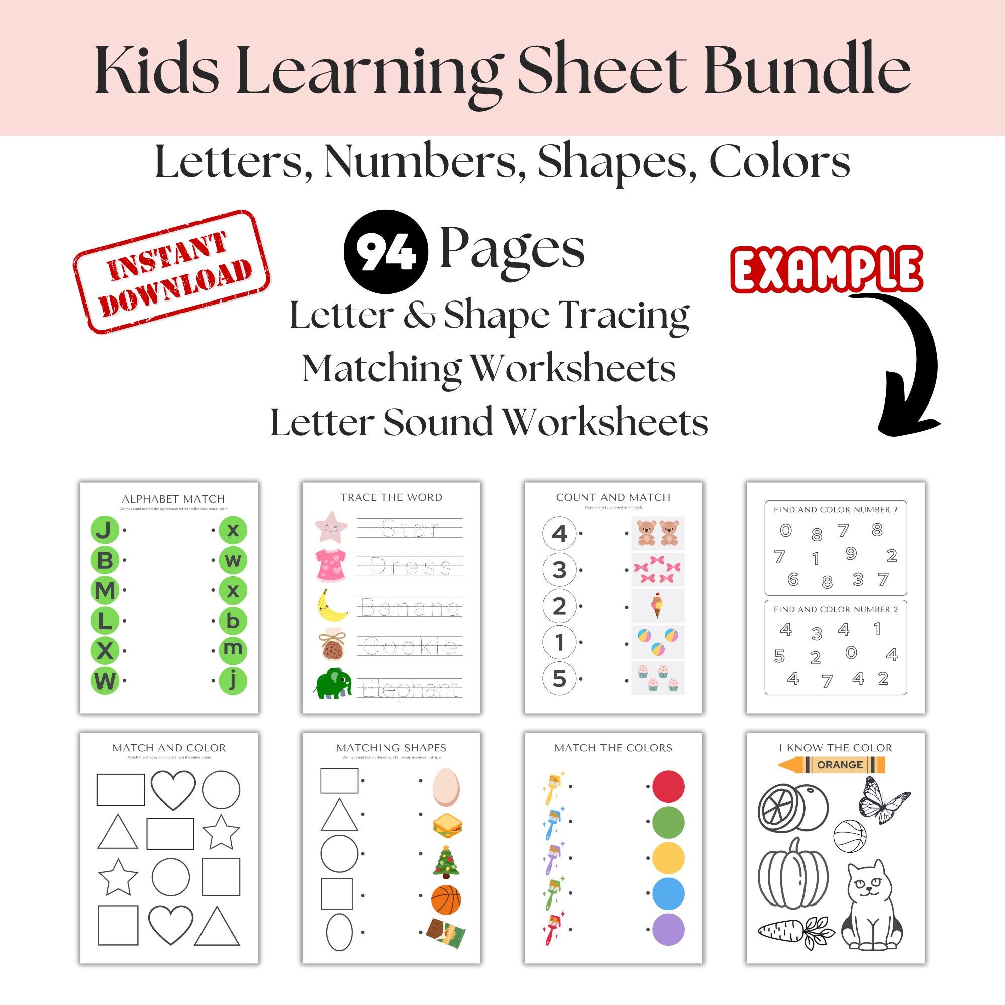 Kindergarten Learning Pack: 94 Page Printable Worksheets (PDF) - Etsy