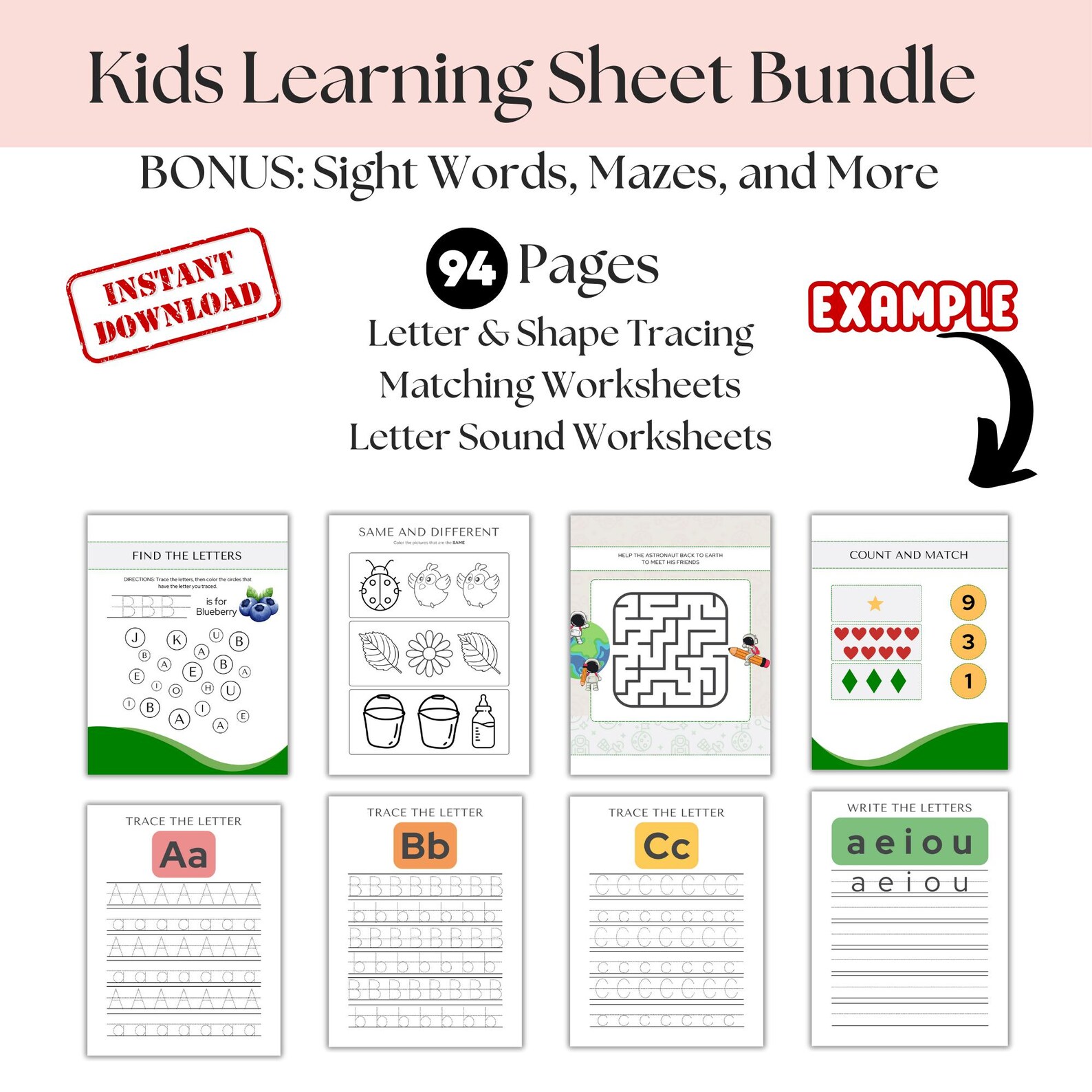 Kindergarten Learning Pack: 94 Page Printable Worksheets (PDF) - Etsy