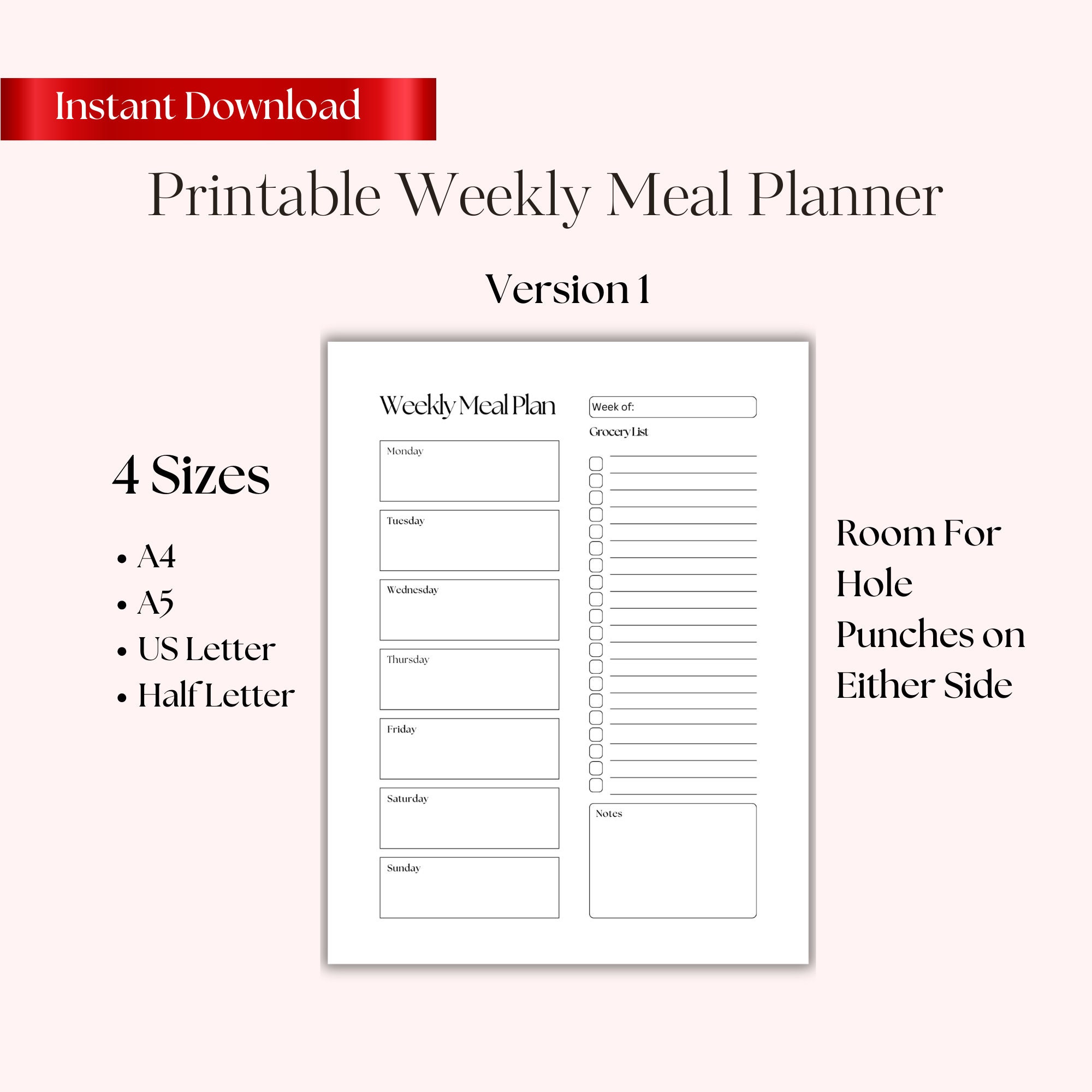Minimalist Weekly Meal Planner With Grocery List (printable) - Etsy