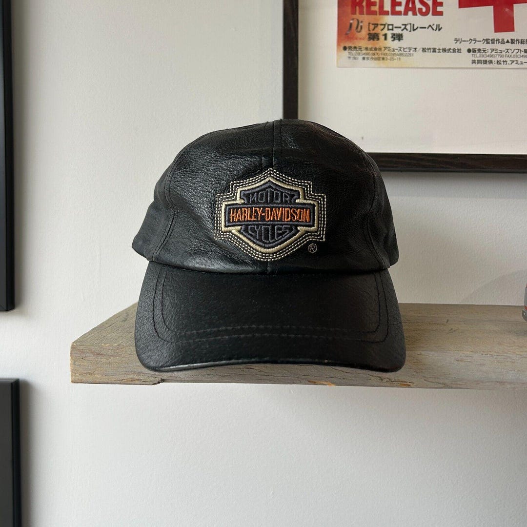 VINTAGE | Harley Davidson Leather Biker Cap HAT Sz OS - Etsy