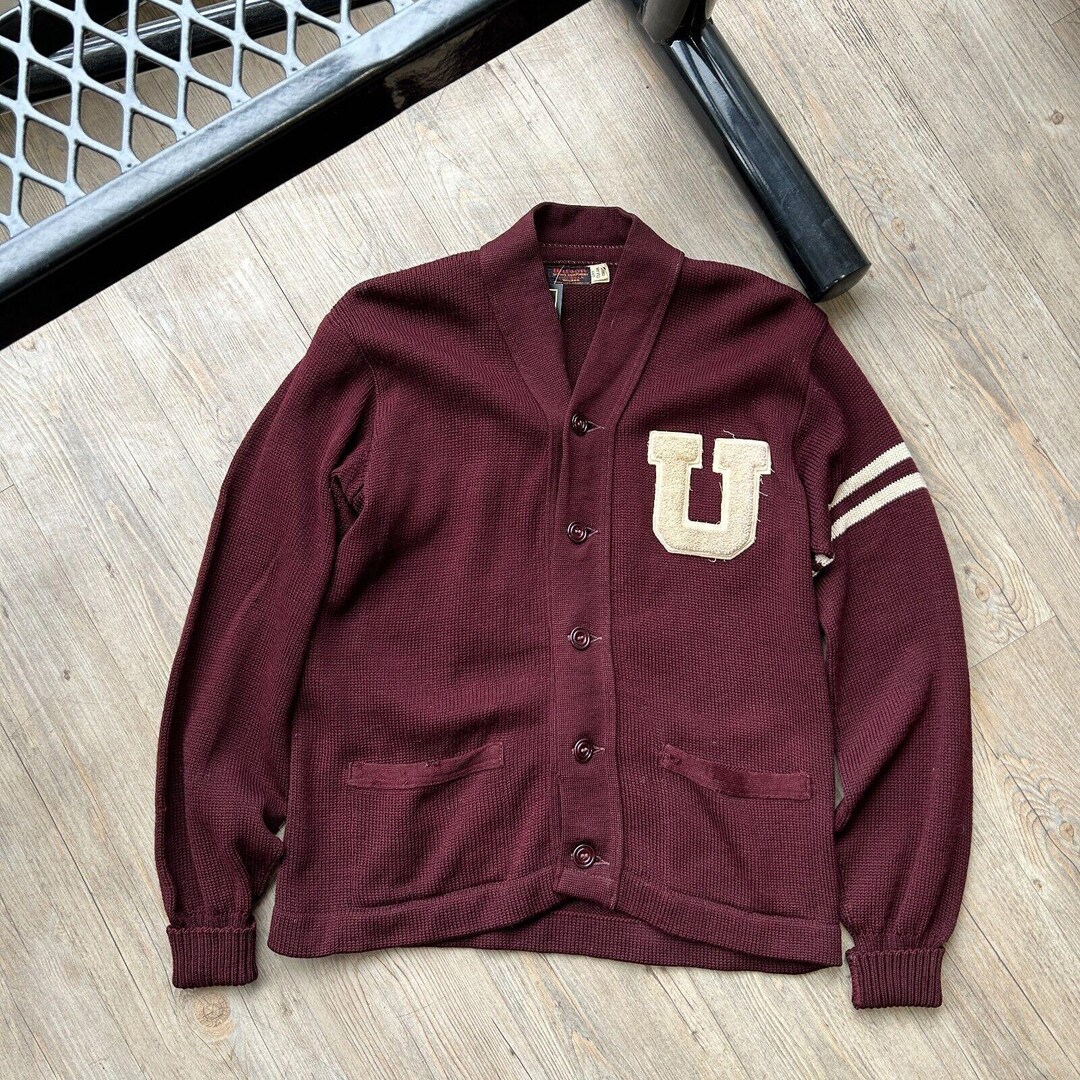 VINTAGE 70s | Wilson University Varsity Knit Cardigan Sweater Sz 38 MED ...