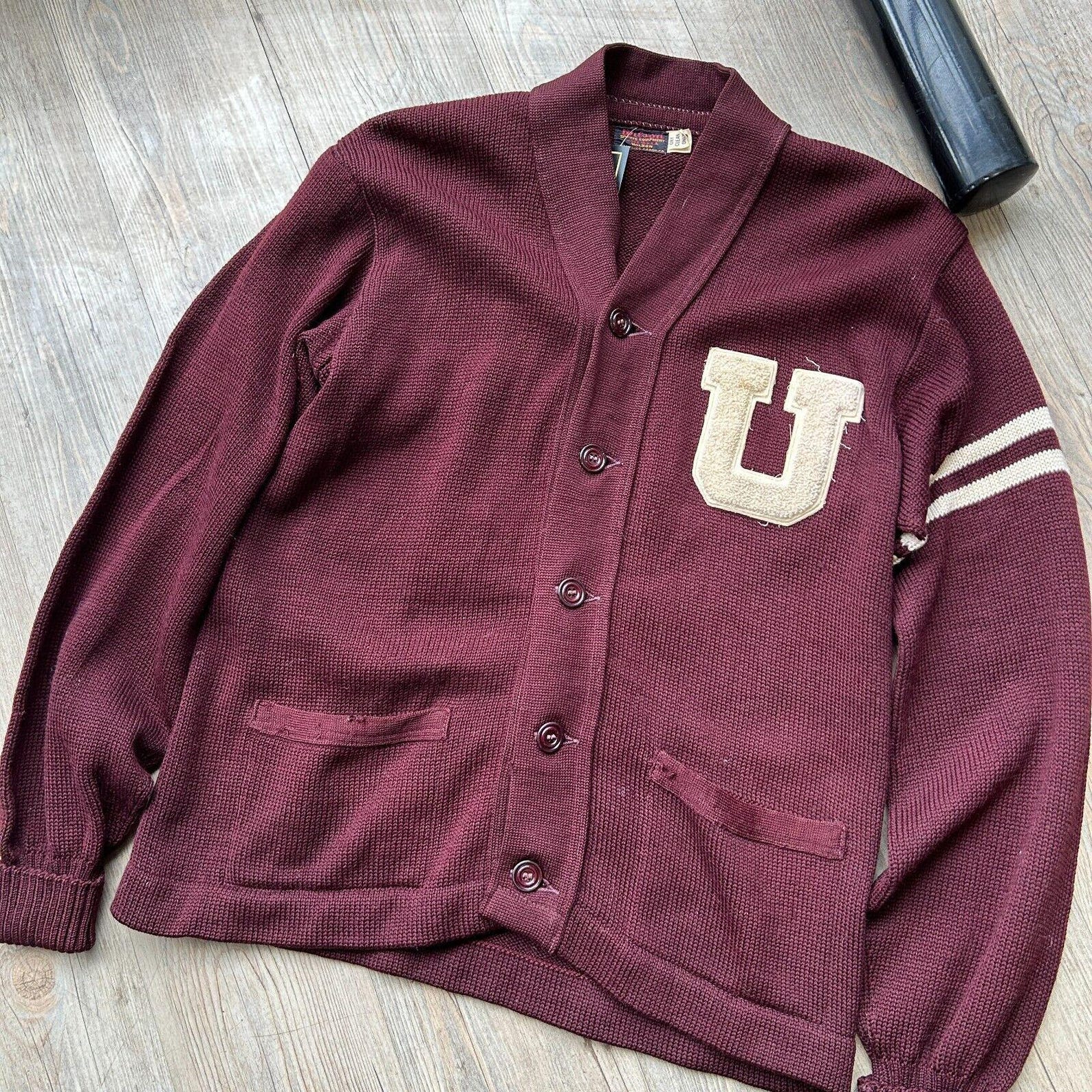 VINTAGE 70s | Wilson University Varsity Knit Cardigan Sweater Sz 38 MED ...
