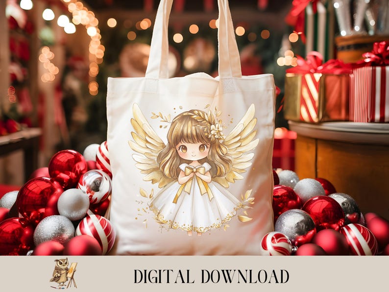 15 Kawaii Christmas White and Gold Angels Watercolor Clipart Bundle ...