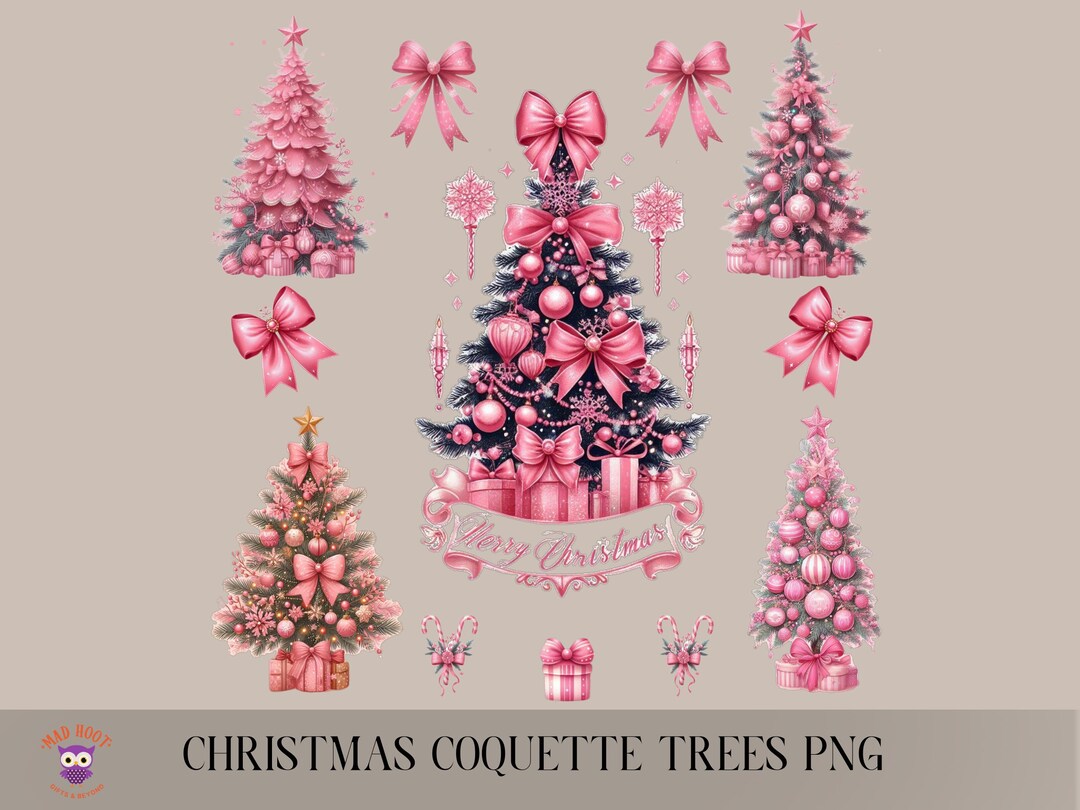 Pink Christmas Trees Coquette Christmas Trees Png Pink Bows Ornaments ...