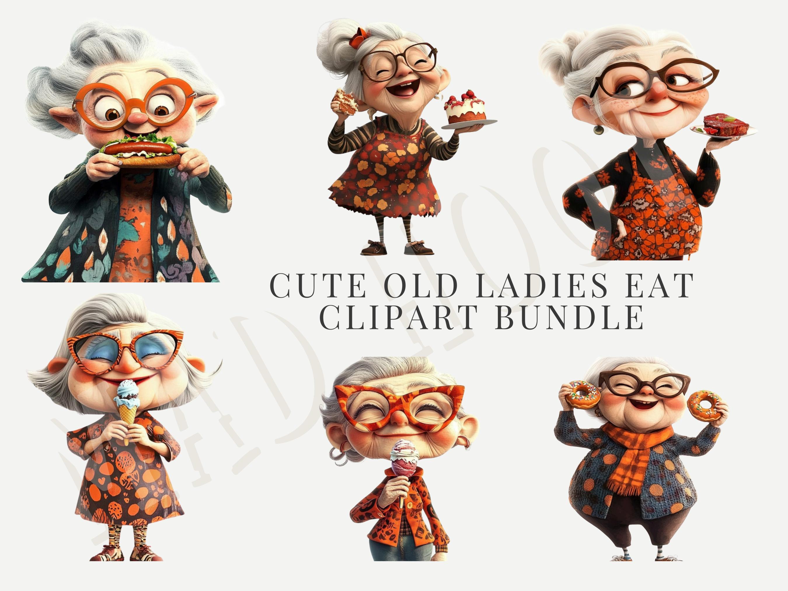 Png Watercolor Cute Old Ladies Food Lovers Eat Clipart Bundle Instant ...