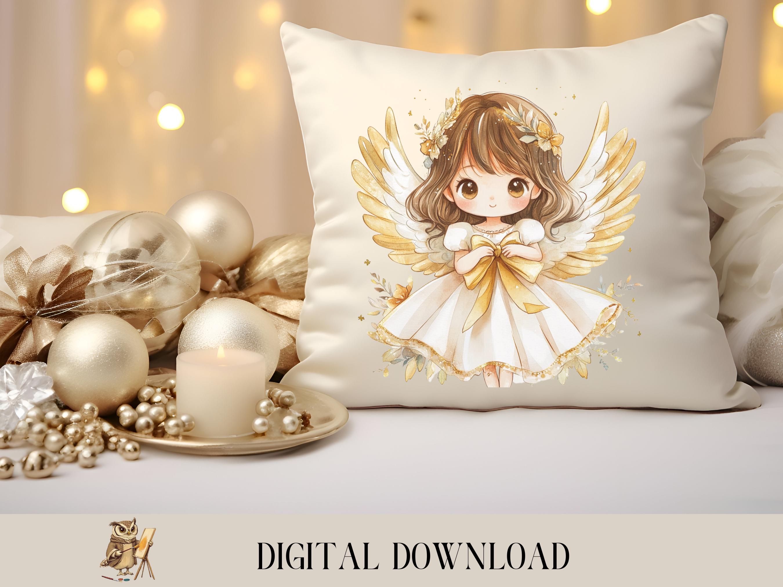 15 Kawaii Christmas White and Gold Angels Watercolor Clipart Bundle ...